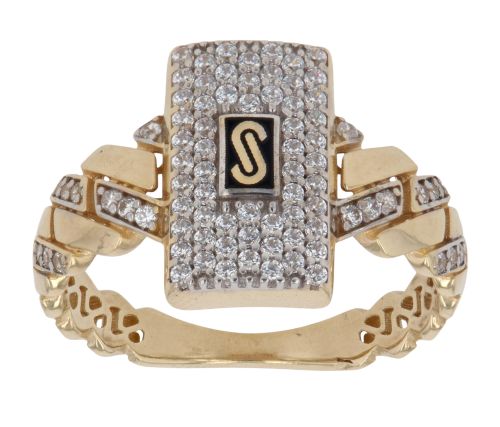 14ct Yellow Gold Monaco Edge Alternate Pave Link Cubic Zirconia Signet ...
