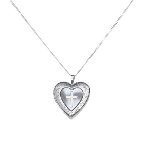 Silver Plain Heart and Cross Patterned Locket and Chain 18" By Icesia ...
