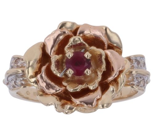 14ct Yellow Gold 0.10ct Diamond And Ruby Rose Ring RAMS970372923023 ...