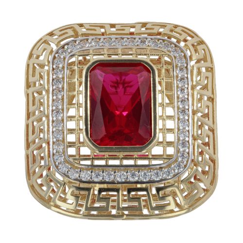 14ct Yellow Gold Cubic Zirconia And Red Stone Set Square Ring ...