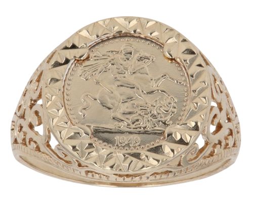 9ct Yellow Gold 1949 St George Coin Patterned Ring RAMS125371764011 ...