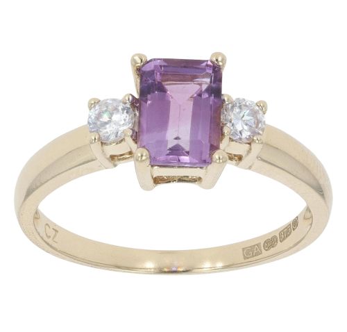 9ct Yellow Gold Amethyst and Cubic Zirconia Three Stone Ring ...