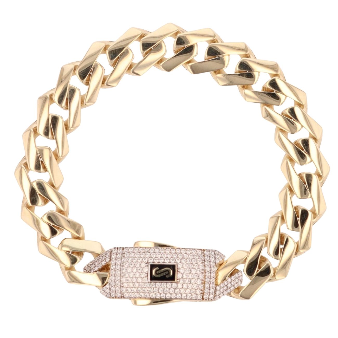 14ct Yellow Gold Monaco Curb Edge Cubic Zirconia Pave Lock Bracelet 9 ...