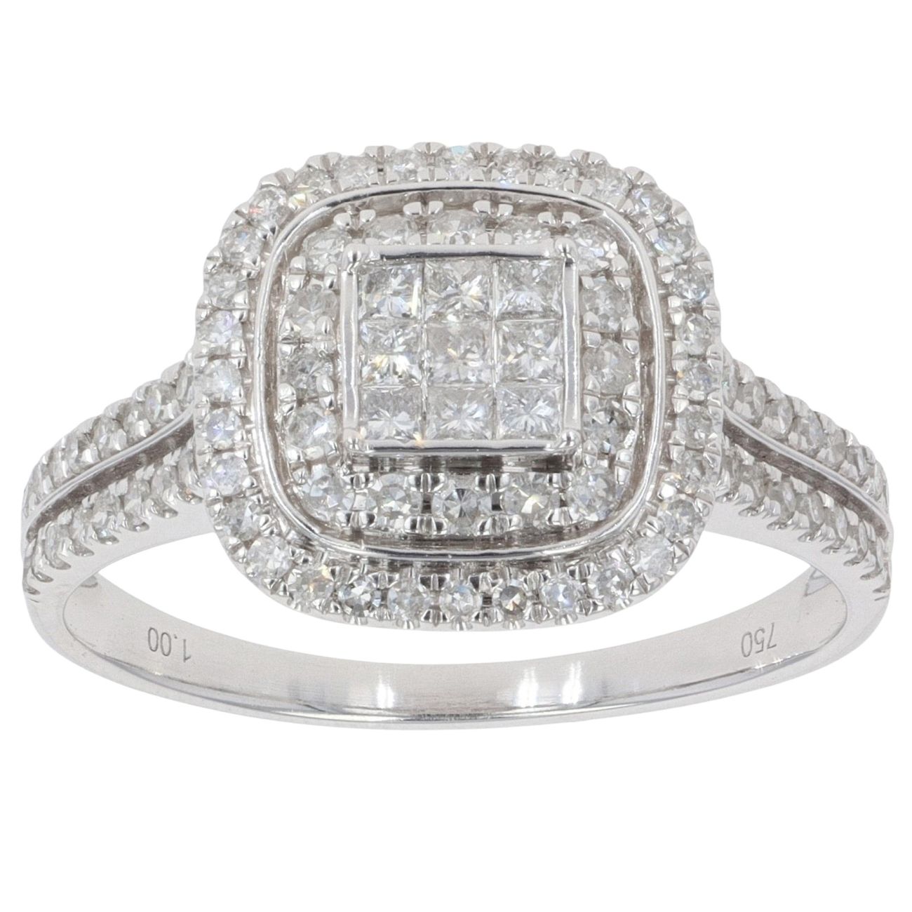 18ct White Gold 1.00ct Princess And Brilliant Cut Diamond Cluster Ring ...