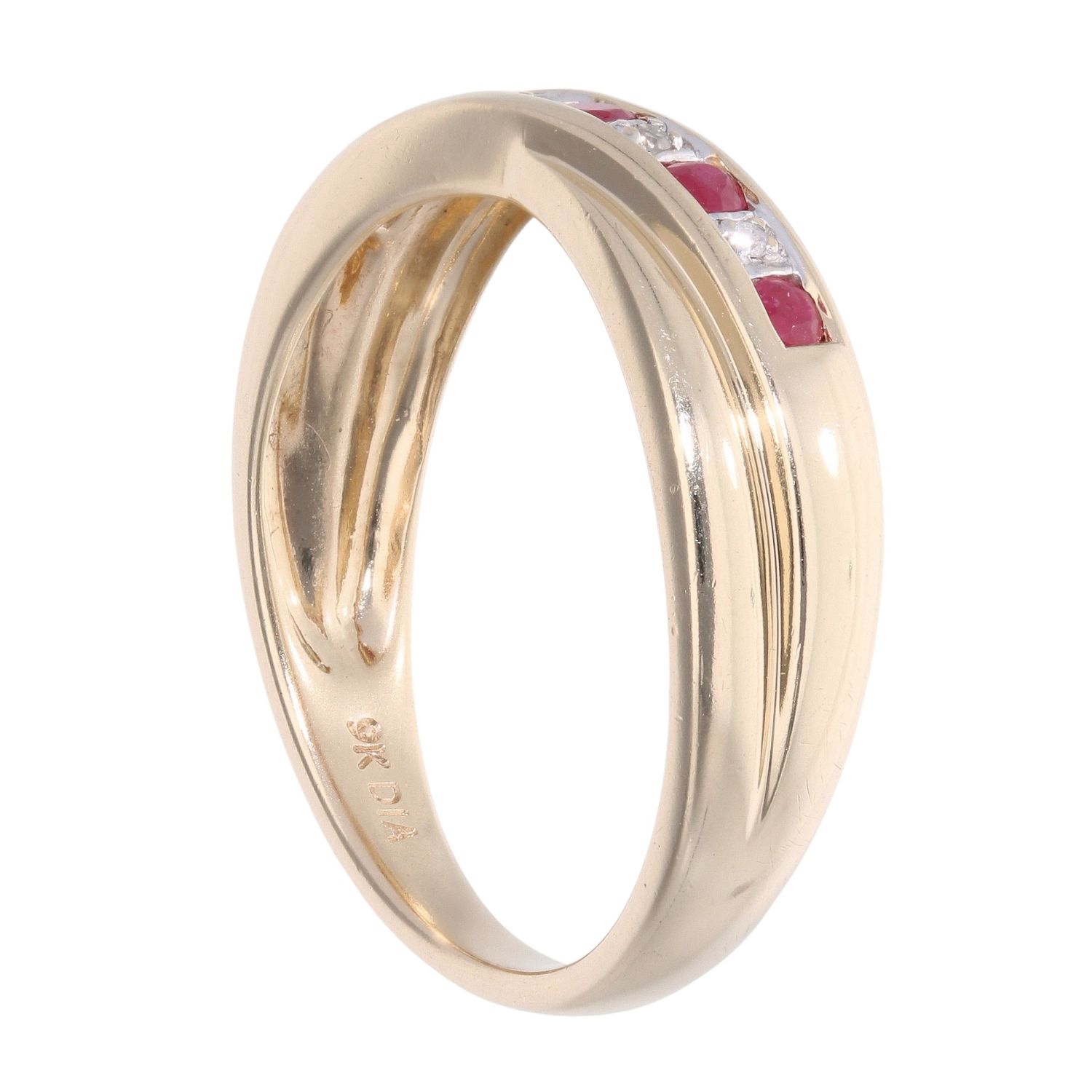 9ct Yellow Gold Ruby and 0.05ct Diamond Crossover Ring | Ramsdens Jewellery
