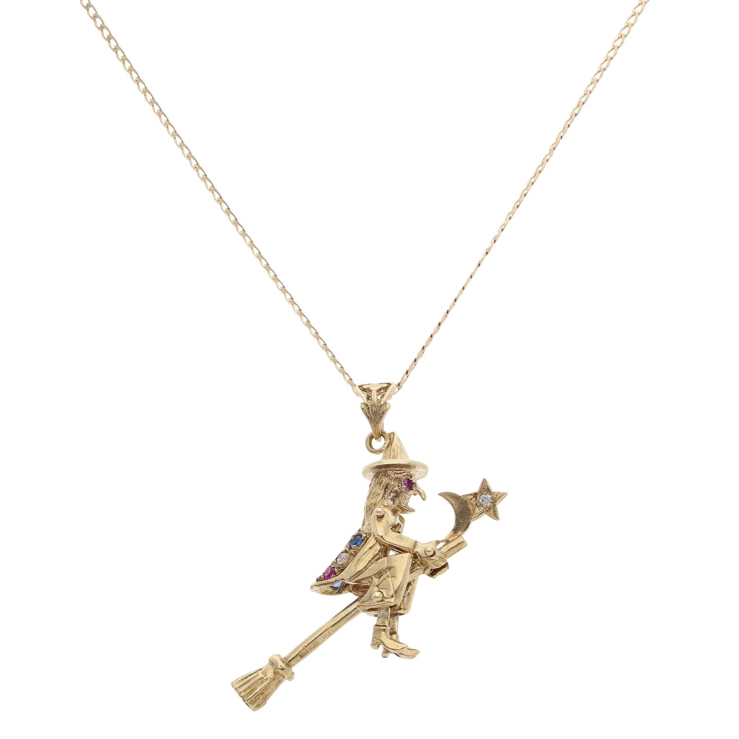 9ct Yellow Gold Multi-Gemstone Witch Pendant And Chain 24 ...