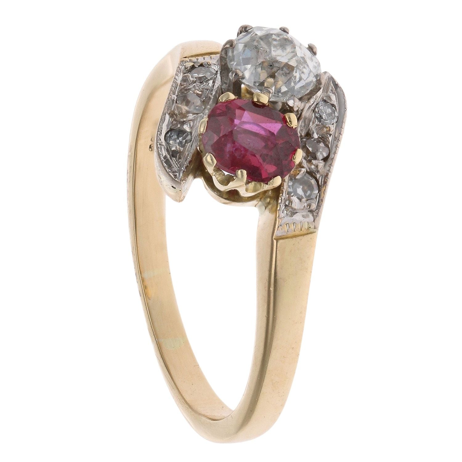 14ct Yellow Gold 0.55ct Diamond and Ruby Two Stone Twist Ring ...