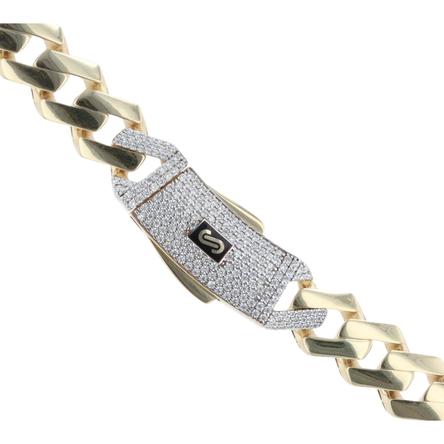 14ct Yellow Gold Monaco Curb Edge Cubic Zirconia Pave Lock Chain 24 ...