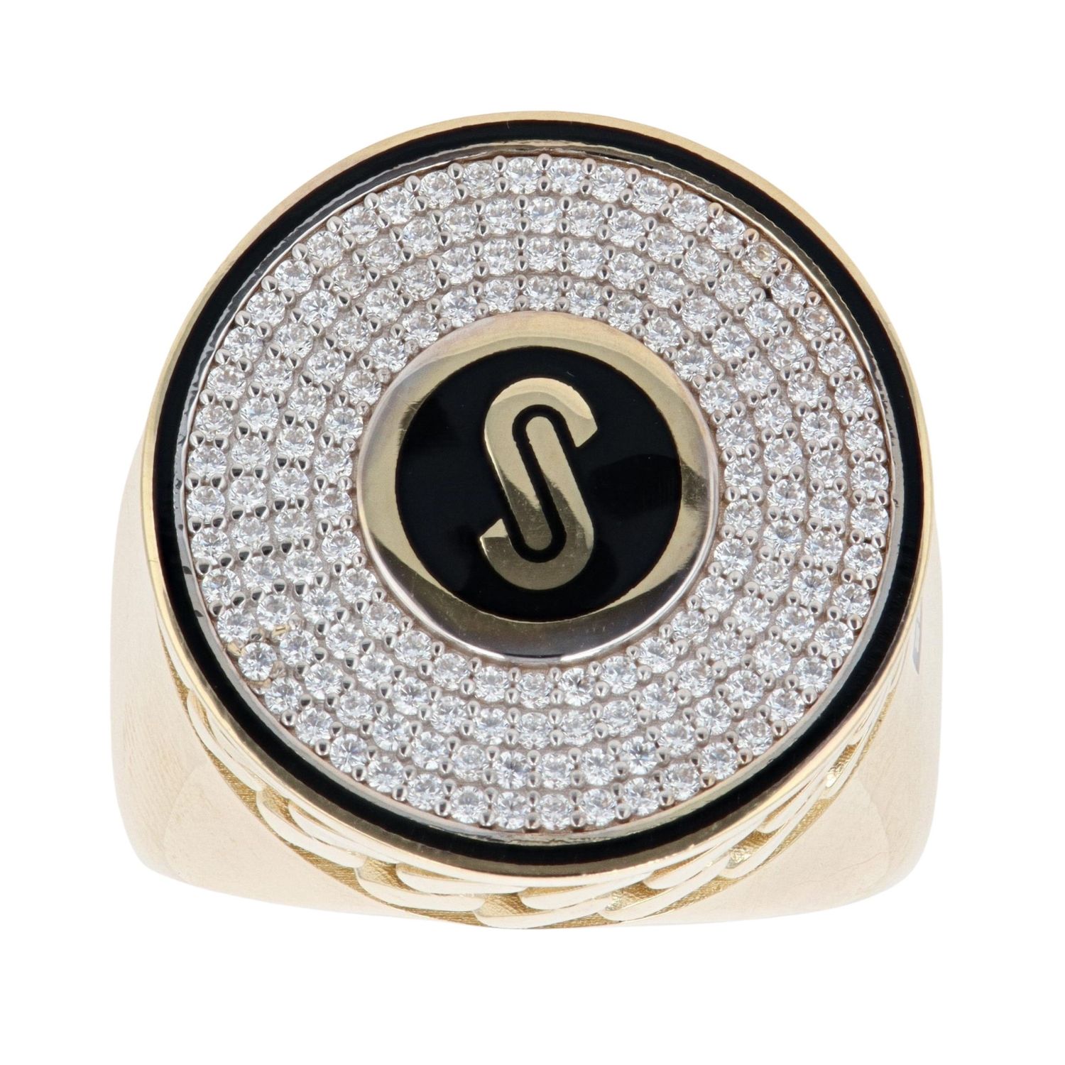 14ct Yellow Gold Monaco Cubic Zirconia and Black Enamel Circular Signet ...