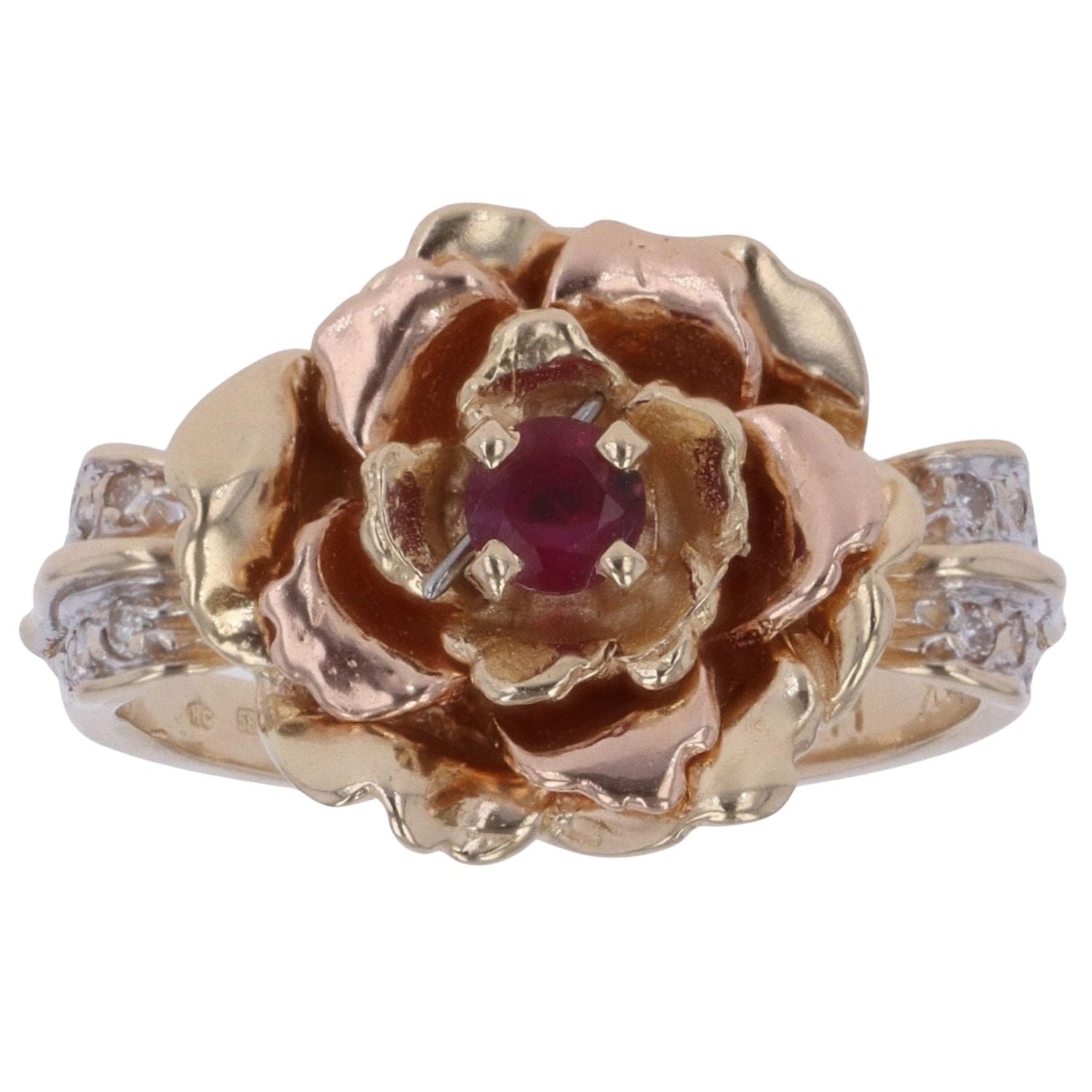 14ct Yellow Gold 0.10ct Diamond And Ruby Rose Ring RAMS970372923023 ...