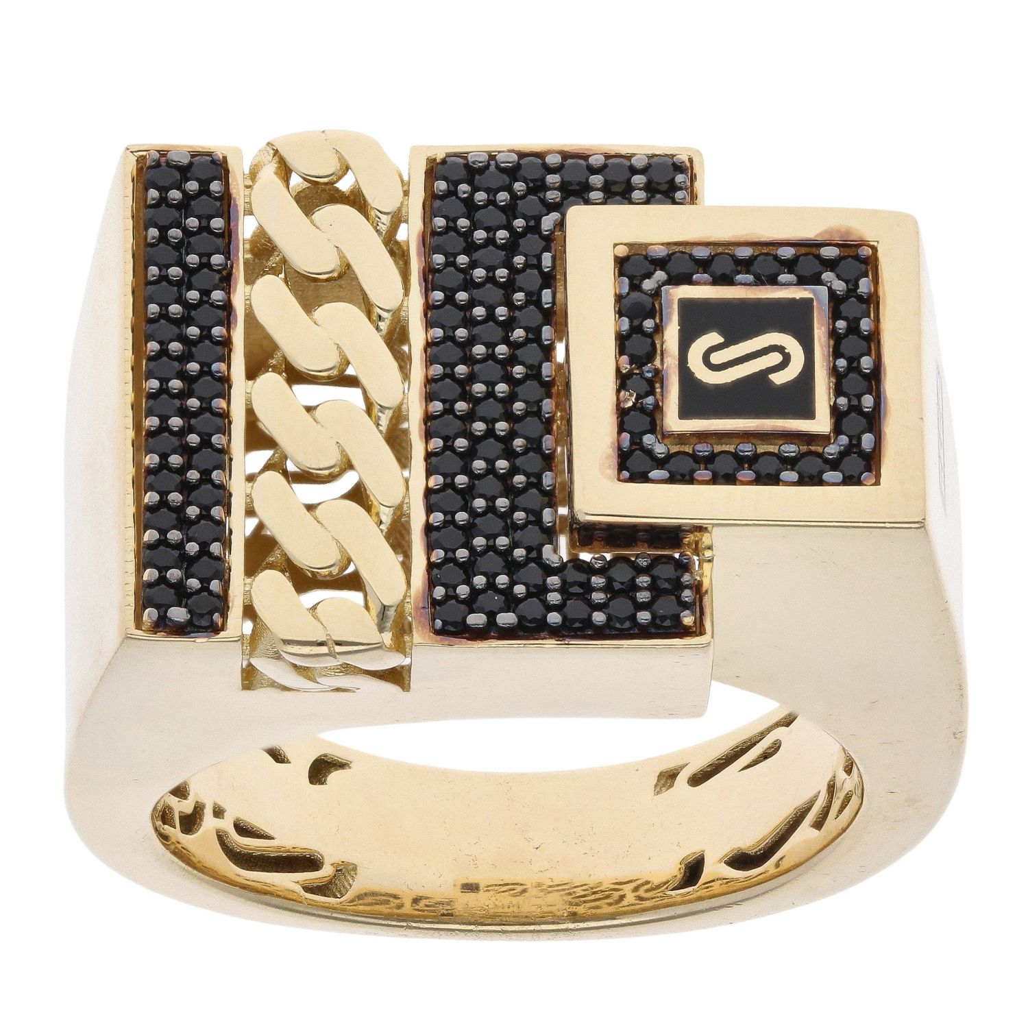 14ct Yellow Gold Monaco Black Cubic Zirconia Curb Detail Signet Ring ...