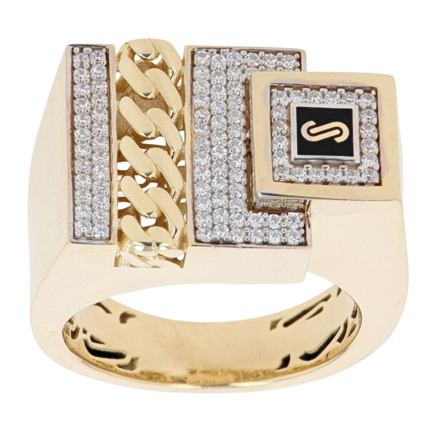 14ct Yellow Gold Monaco Cubic Zirconia Curb Detail Signet Ring ...