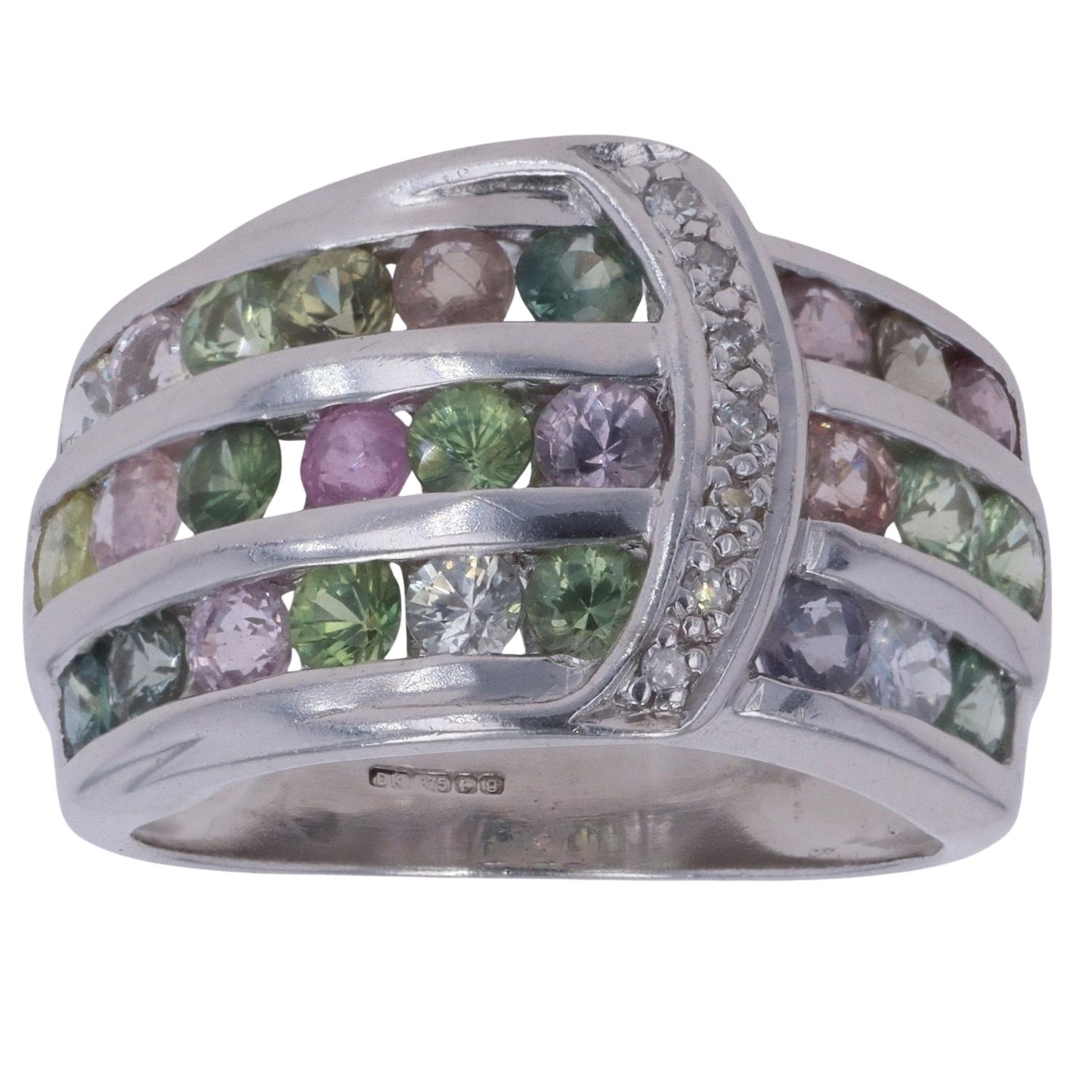 9ct White Gold 0.03ct Diamond and Multi Gemstone Buckle Ring ...