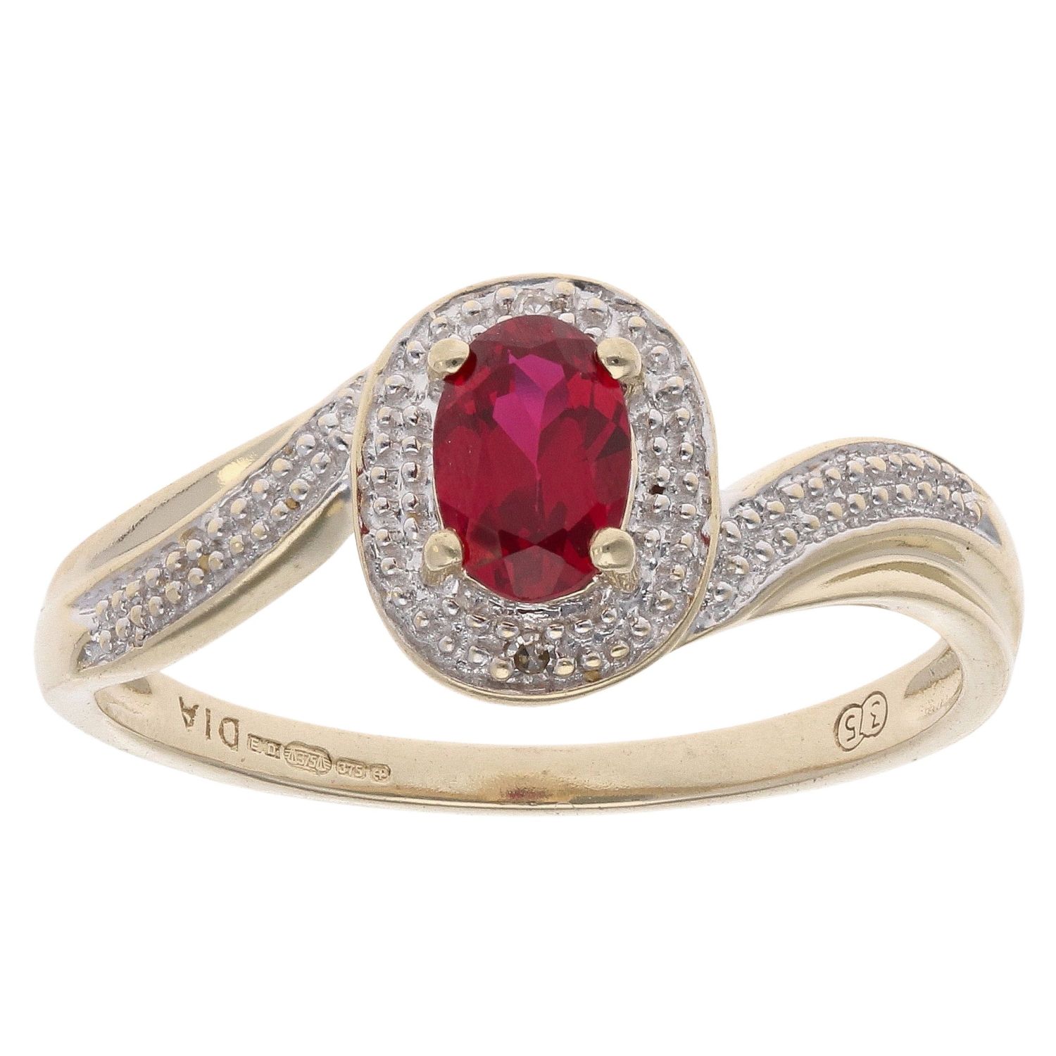 9ct Yellow Gold 0.01ct Diamond and Created Ruby Twist Ring ...