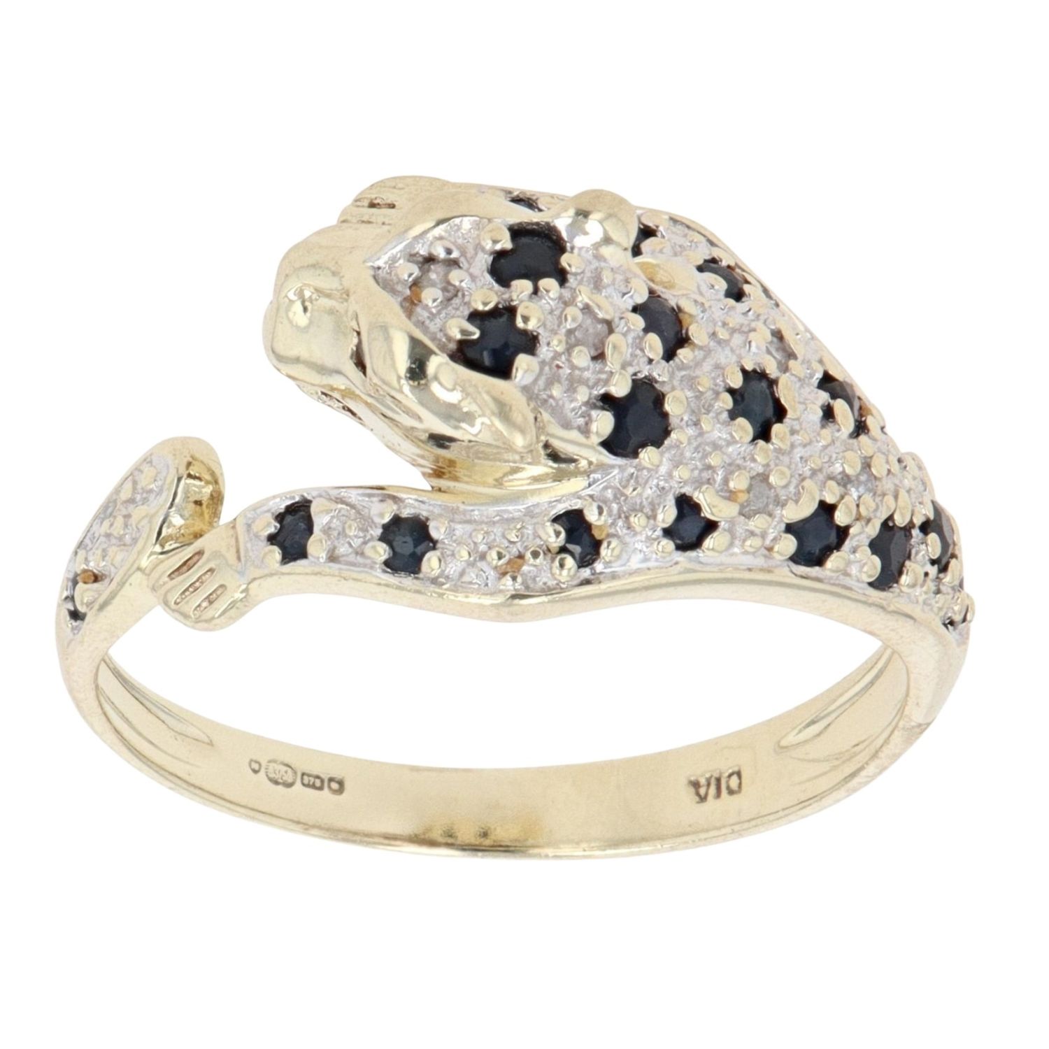 9ct Yellow Gold 0.05ct Diamond and Sapphire Leopard Ring ...