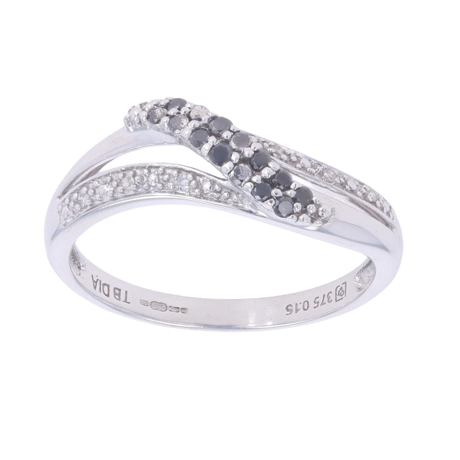 9ct White Gold 0.15ct Black and White Diamond Crossover Ring | Ramsdens ...