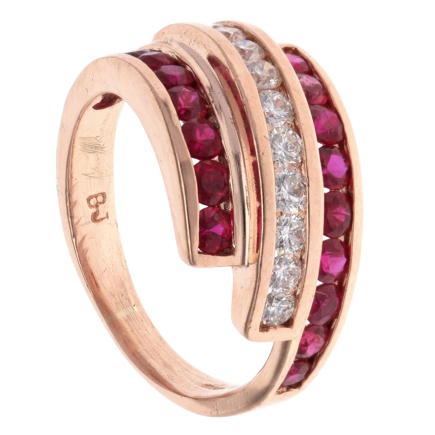 9ct Rose Gold 0.75ct Diamond And Ruby Three Row Crossover Ring ...
