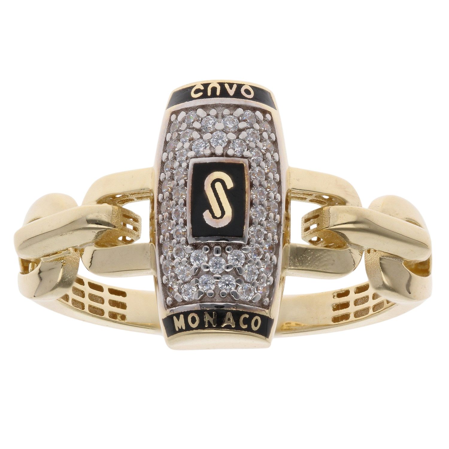 14ct Yellow Gold Monaco Cavo Plain Pave Link Signet Ring RAMS3830003333 ...