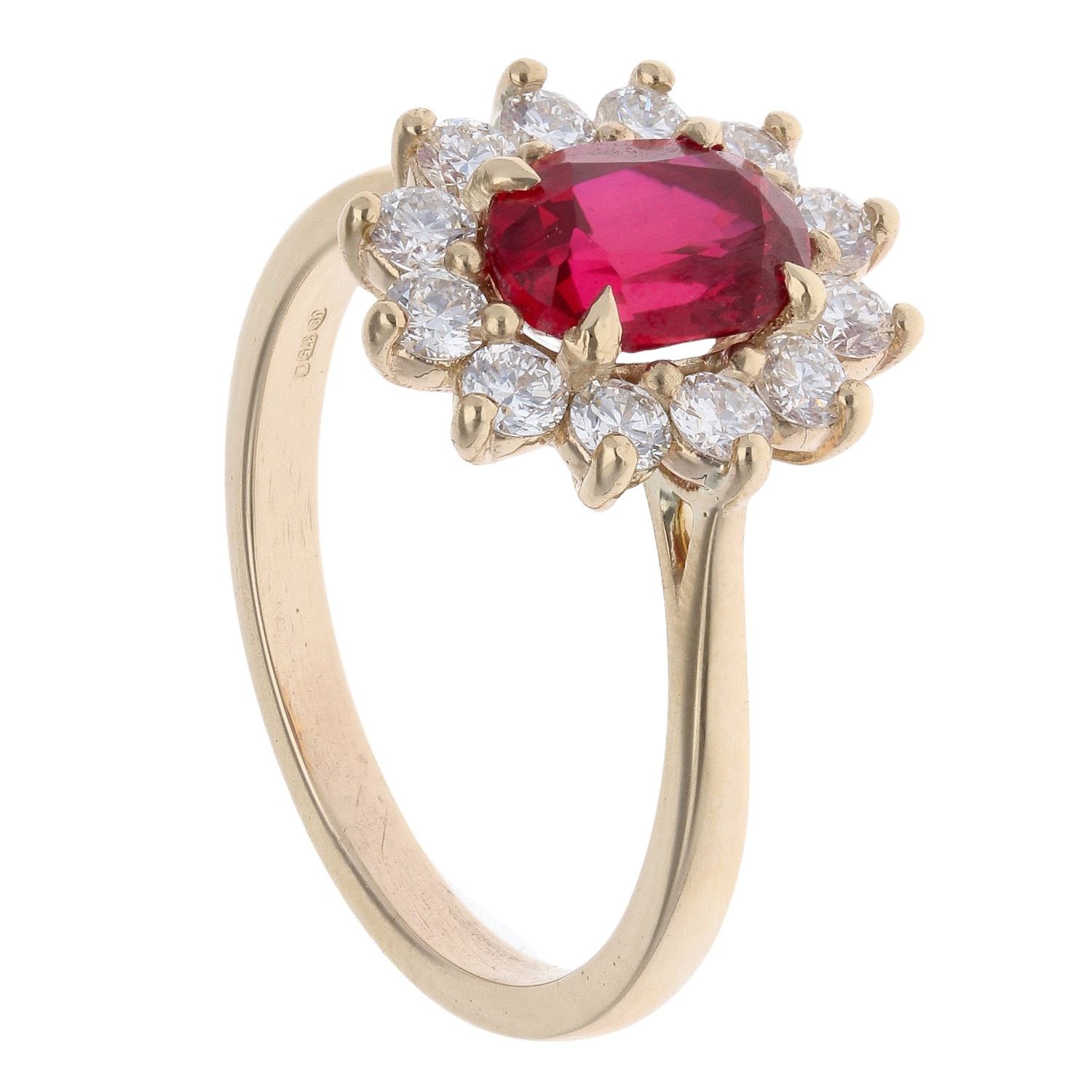 Lab Grown 9ct Yellow Gold 0.75ct Brililant Cut Diamond And Created Ruby Cluster Ring ...