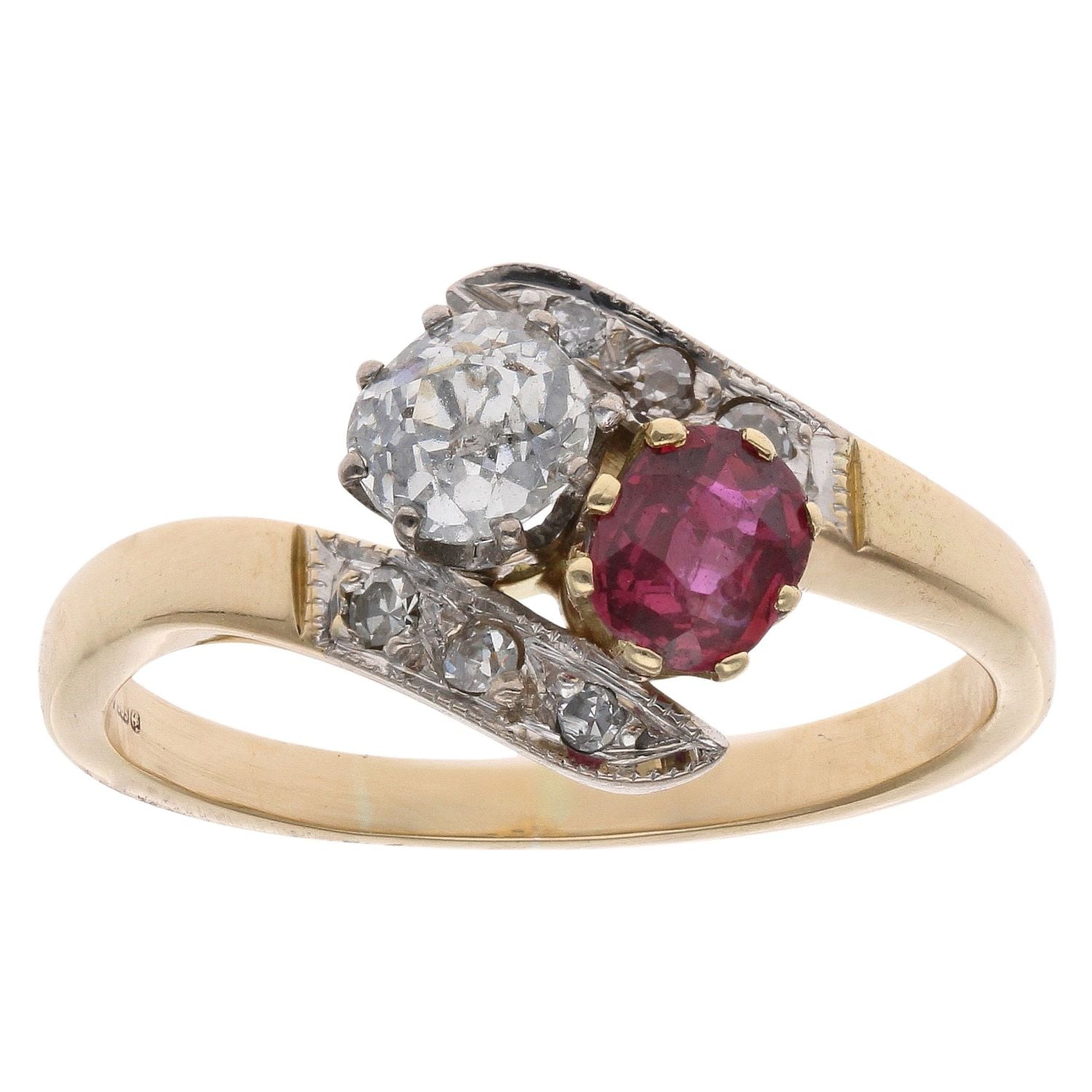 14ct Yellow Gold 0.55ct Diamond and Ruby Two Stone Twist Ring ...