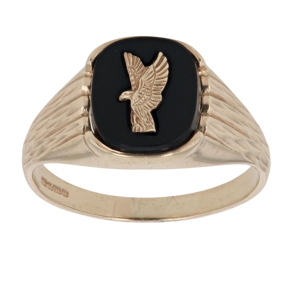 9ct Yellow Gold Onyx Eagle Signet Ring RAMS692373359008 | Ramsdens ...