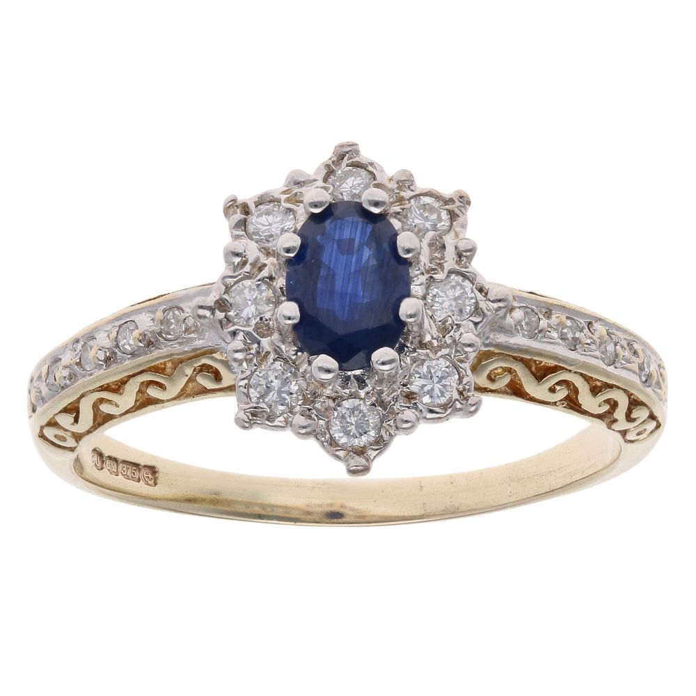 9ct Yellow Gold 0.20ct Diamond and Sapphire Cluster Ring ...