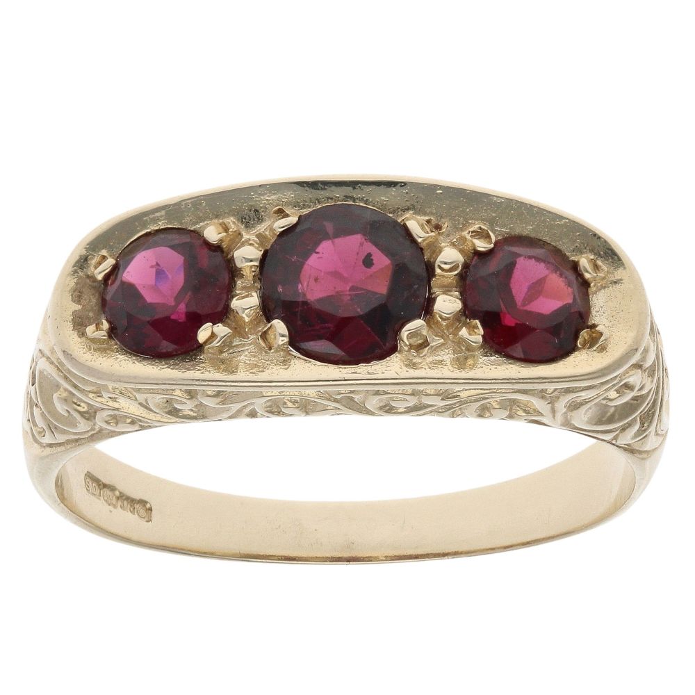 9ct Yellow Gold Garnet Three Stone Signet Ring RAMS970350248004 ...