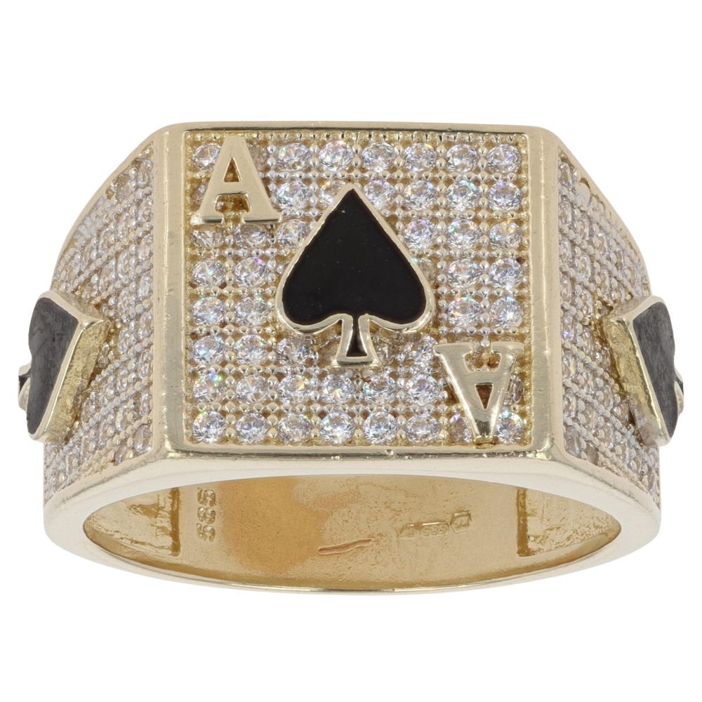 14ct Yellow Gold Cubic Zirconia And Onyx Ace of Spades Signet Ring ...
