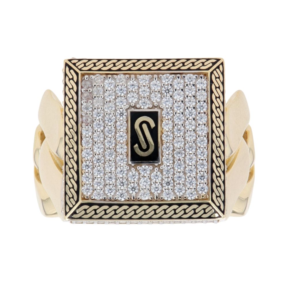 14ct Yellow Gold Monaco Cubic Zirconia and Black Enamel Signet Ring ...