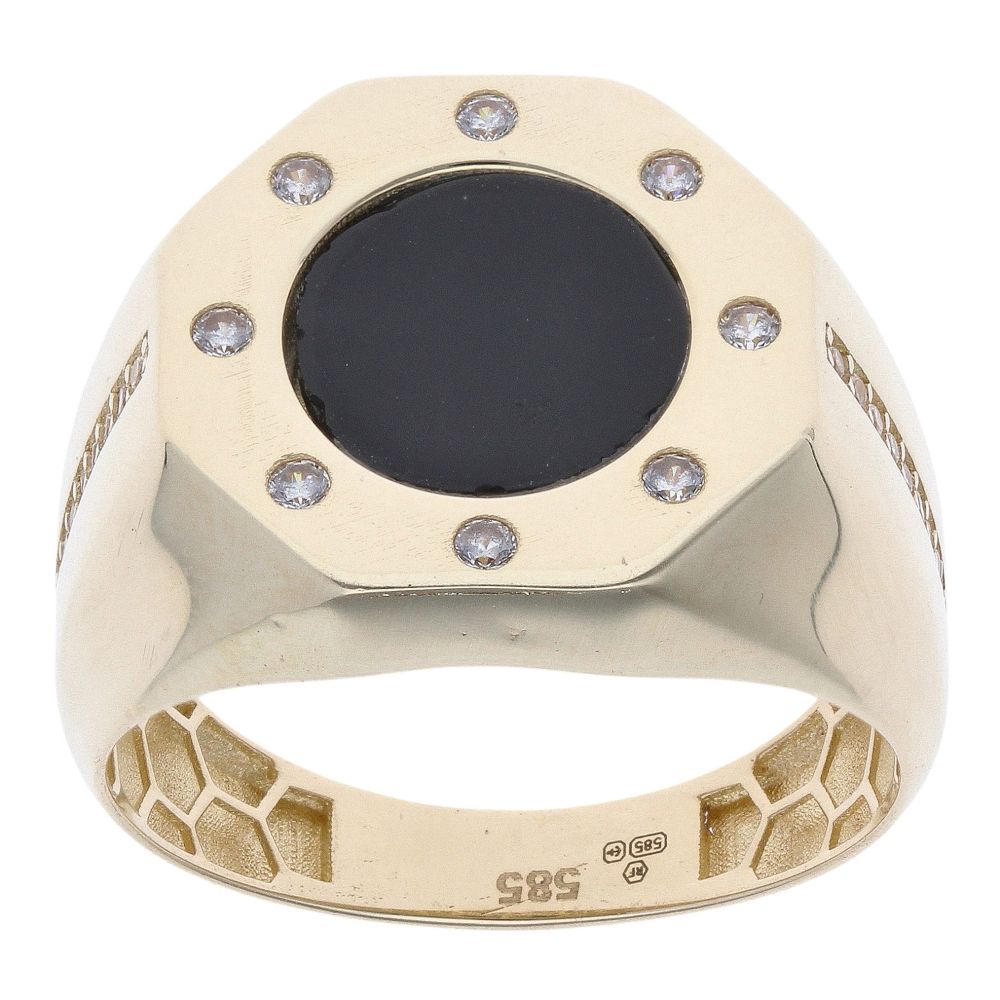 14ct Yellow Gold Black Gemstone and Cubic Zirconia Signet Ring ...