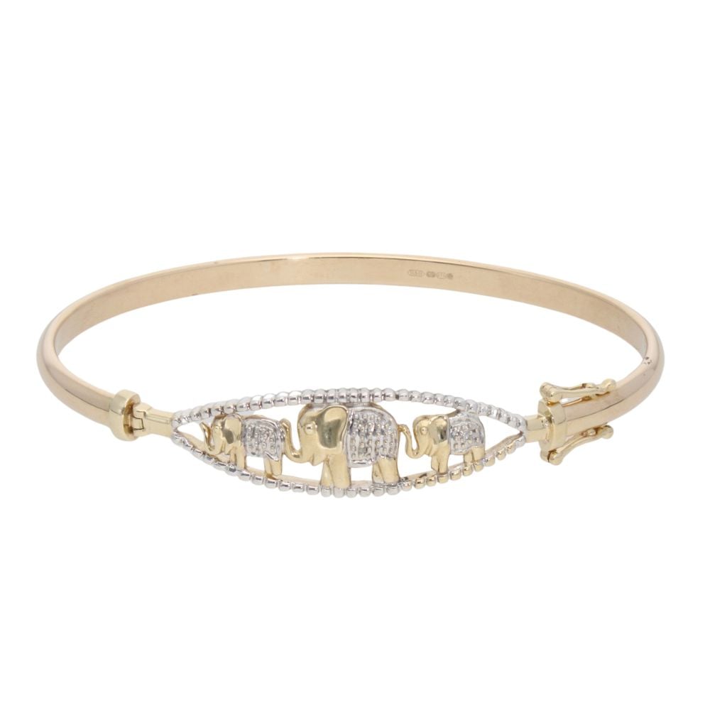 9ct Yellow and White Gold Diamond Elephant Bangle | Ramsdens Jewellery