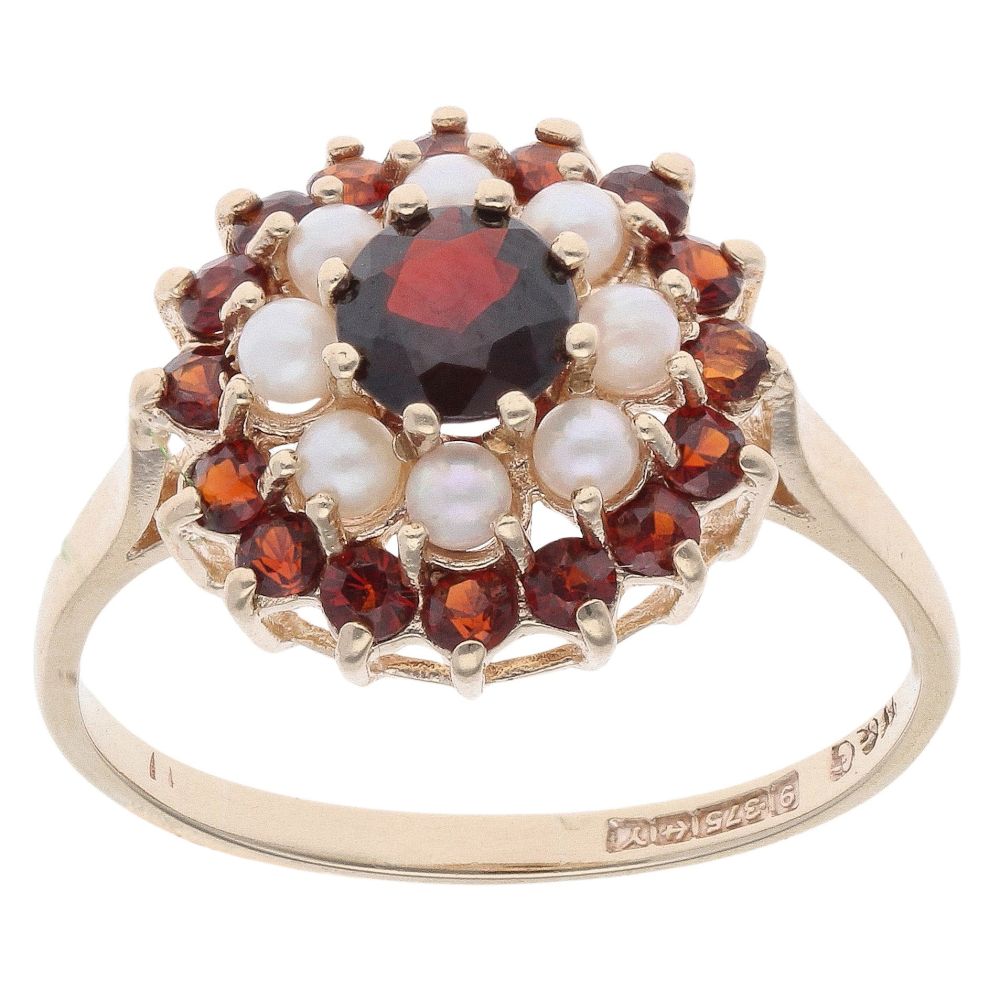 9ct Yellow Gold Pearl And Garnet Cluster Ring RAMS660329930011 ...