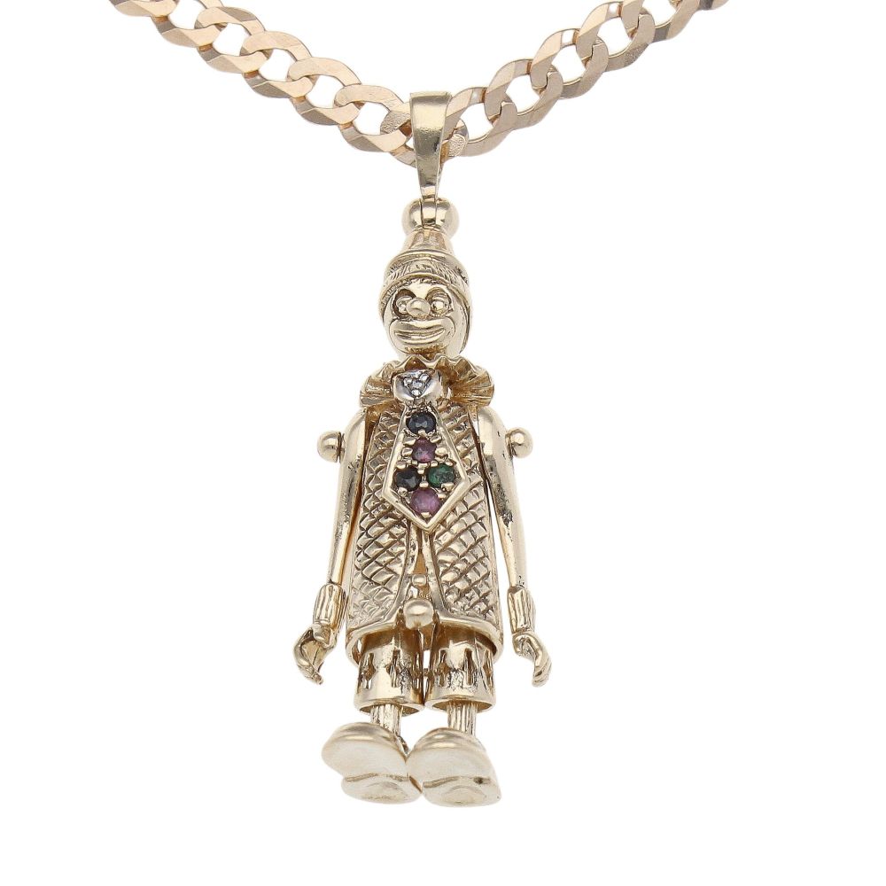 9ct Yellow Gold Multi-Gemstone Clown Pendant and Curb Chain 18 ...