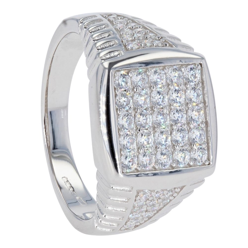 Silver Cubic Zirconia Linked Shoulder Signet Ring by Icesia ...