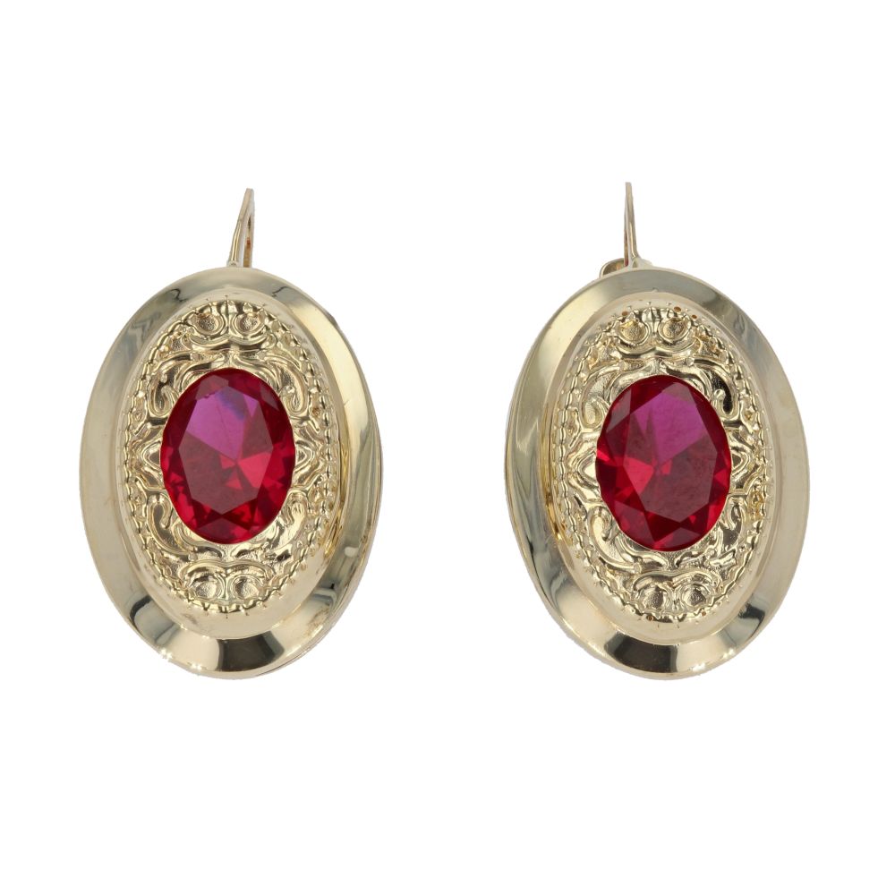 14ct Yellow Gold Red Stone Set Oval Earrings RAMS7830000297 | Ramsdens ...