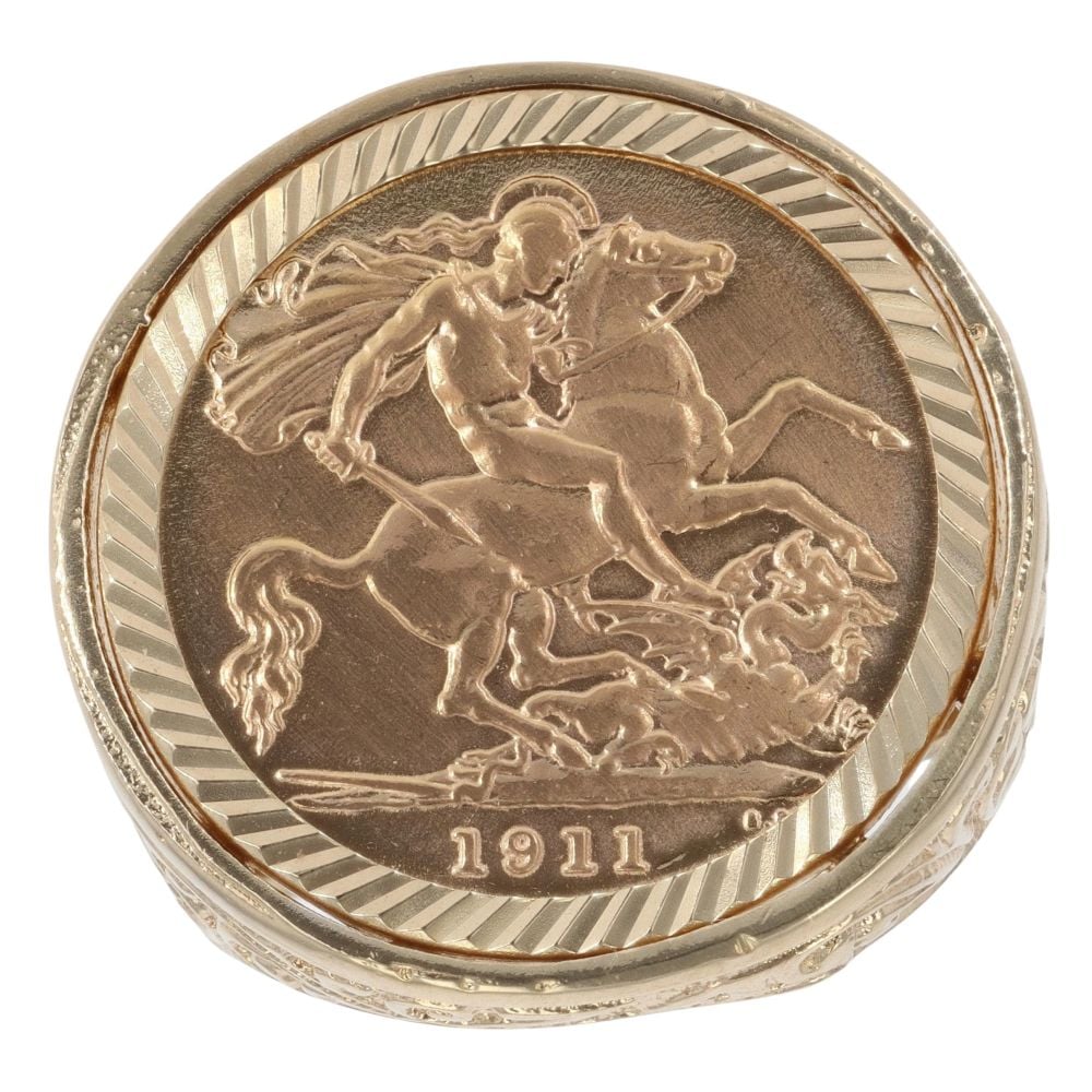 9ct Yellow Gold 1911 George V Half Sovereign Coin Ring RAMS941358403010 ...