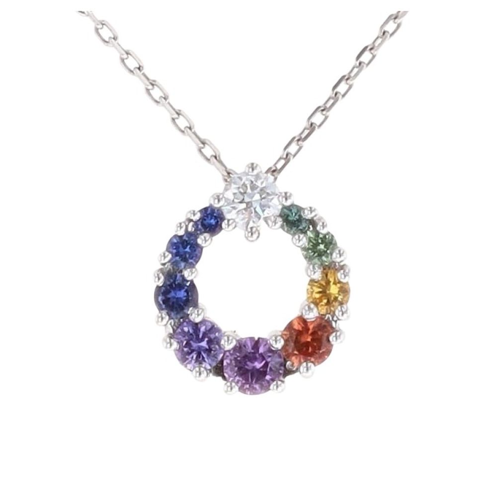 18ct White Gold 0.13ct Diamond And Multi-Gemstone Circle Pendant And ...