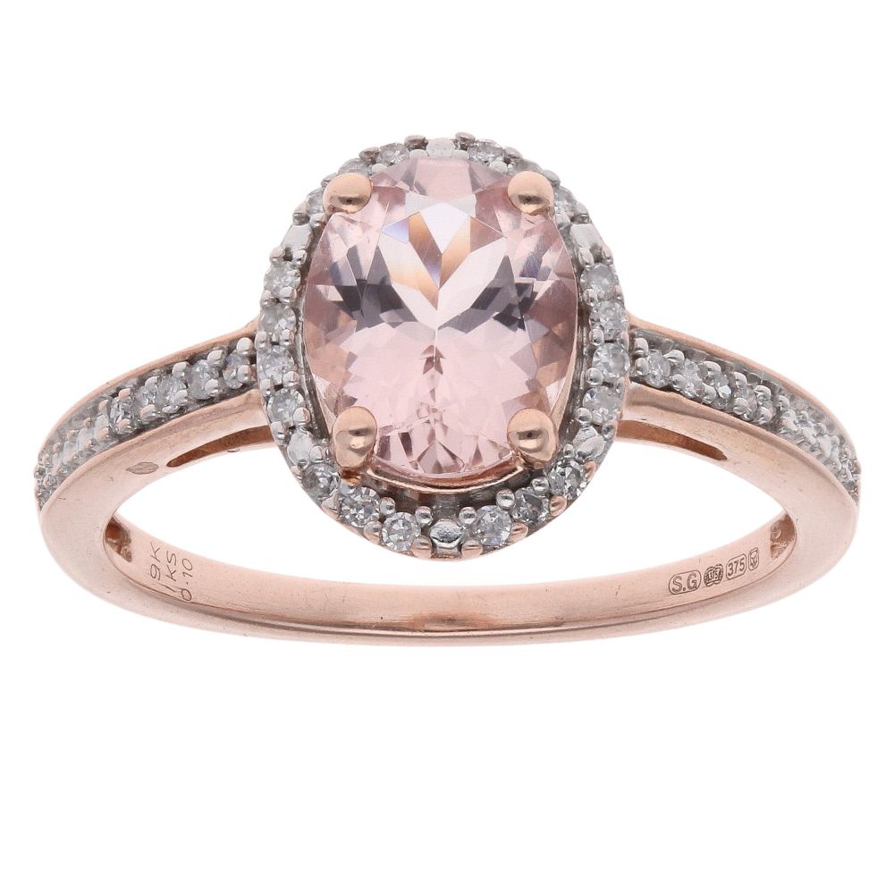 9ct Rose Gold 0.10ct Diamond and Morganite Cluster Ring ...