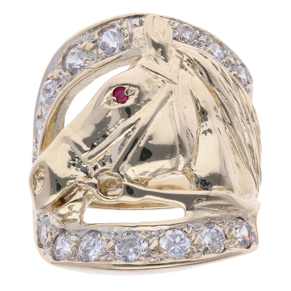9ct Yellow Gold Ruby and Cubic Zirconia Horse and Horse Shoe Ring ...