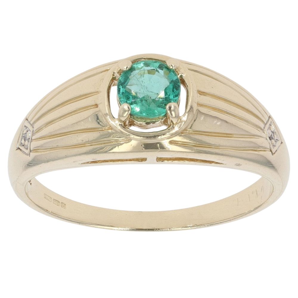 9ct Yellow Gold 0.02ct Diamond And Emerald Signet Ring RAMS988355970016 | Ramsdens Jewellery
