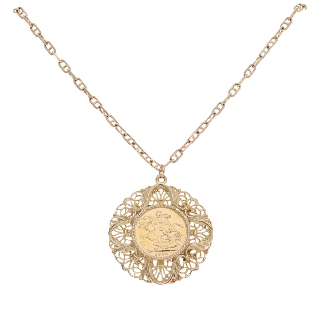 9ct Yellow Gold 1910 Edward Full Sovereign Pendant and Chain 24 ...