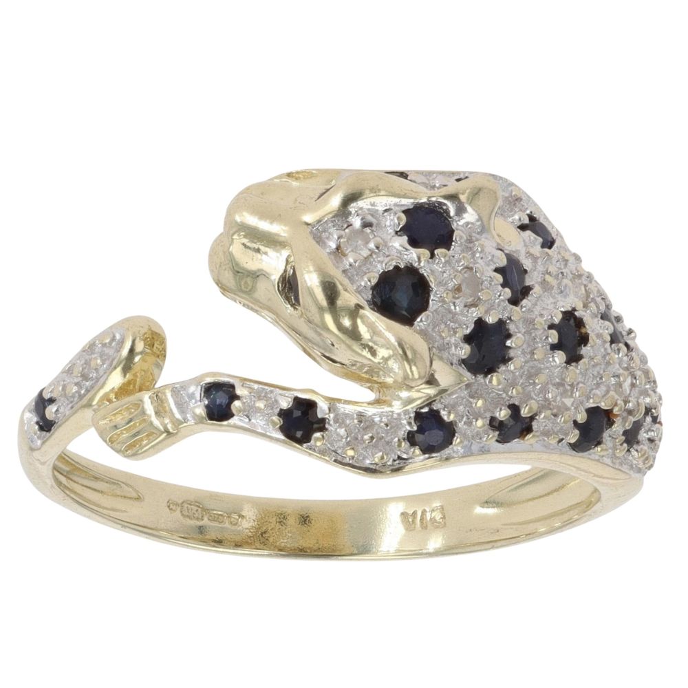 9ct Yellow Gold 0.05ct Diamond and Sapphire Leopard Ring ...