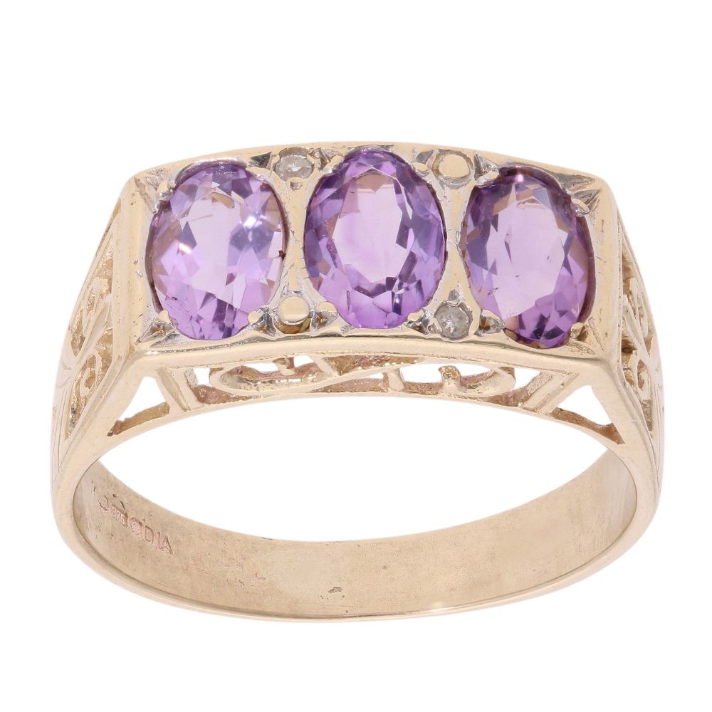 9ct Yellow Gold Three Stone Amethyst And Diamond Ring | Ramsdens Jewellery