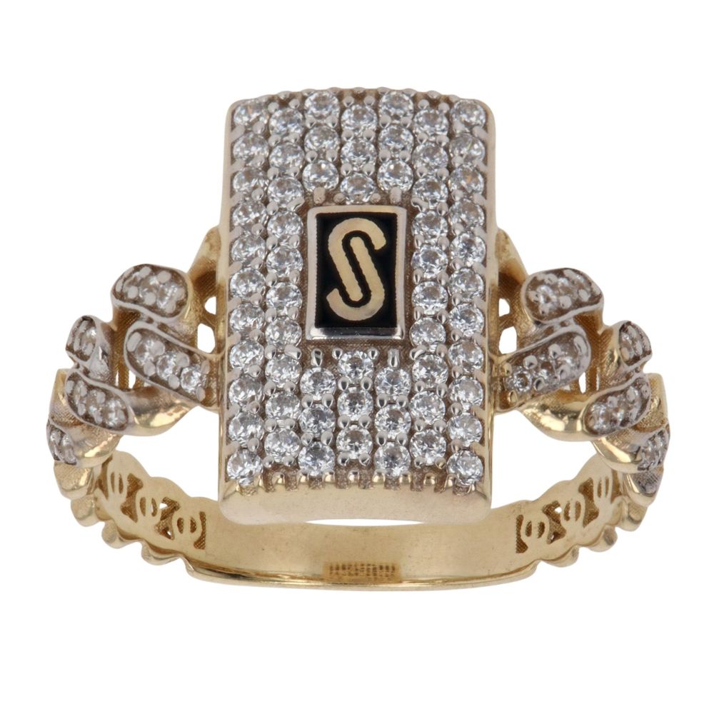 14ct Yellow Gold Monaco Classic Pave Link Cubic Zirconia Signet Ring ...