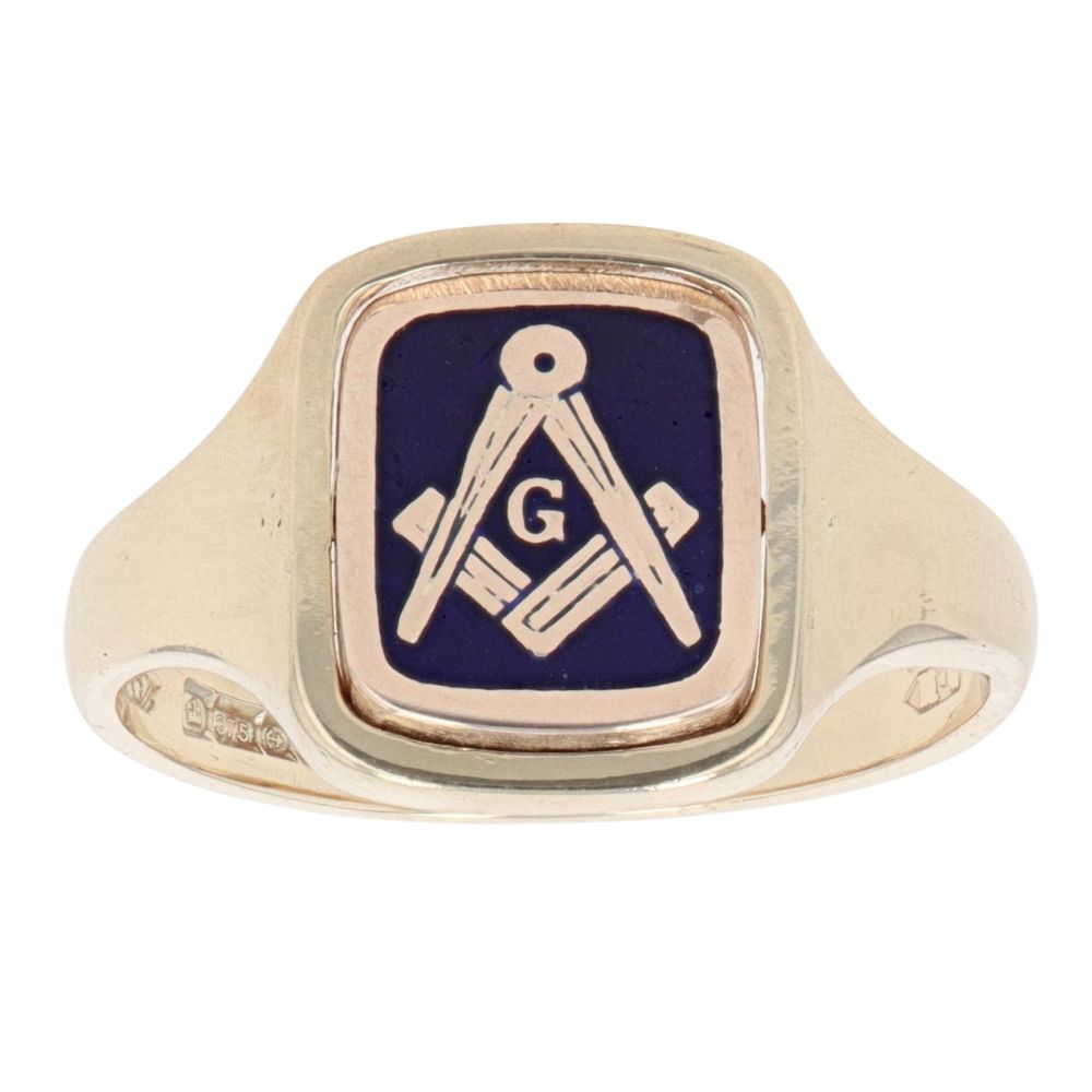 9ct Yellow Gold Blue Enamel Reversible Masonic Signet Ring ...
