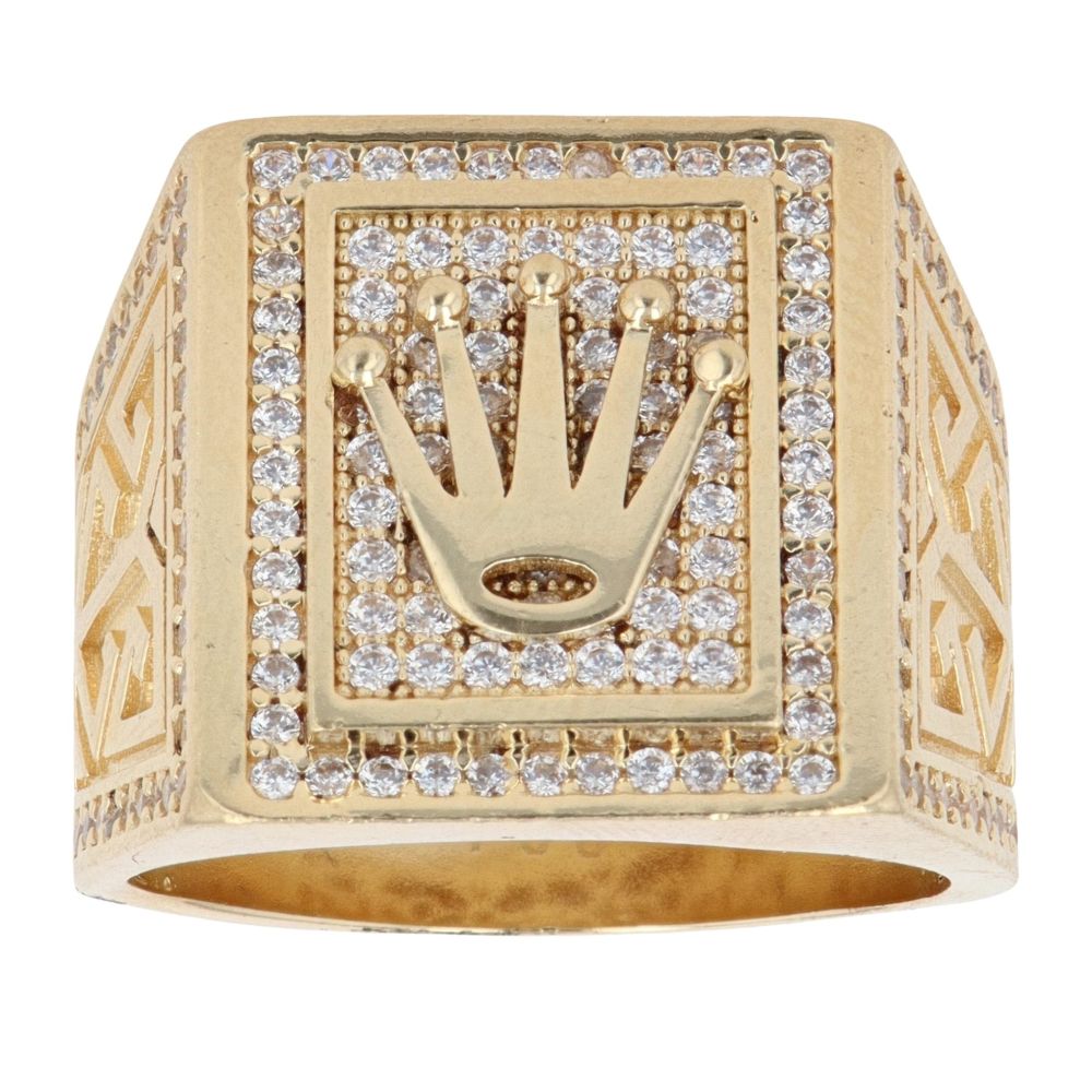 18ct Yellow Gold Cubic Zirconia Crown Signet Ring RAMS182356638003 ...