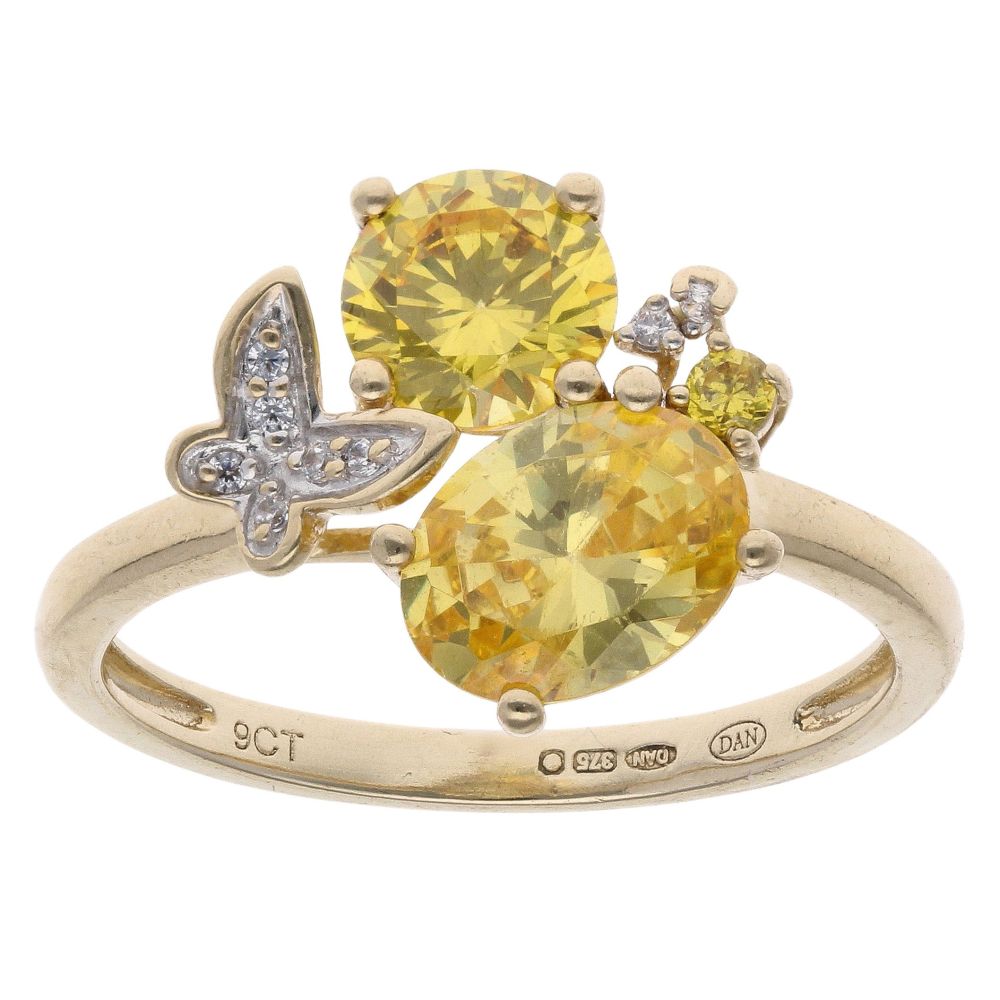 9ct Yellow Gold 0.04ct Diamond And Citrine Butterfly Ring ...