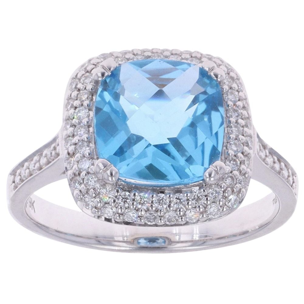 9ct White Gold 0.33ct Diamond And Blue Topaz Cluster Ring ...