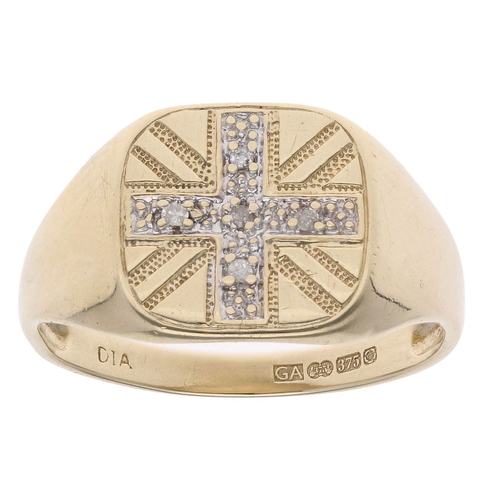 9ct Yellow Gold 0.05ct Diamond Union Jack Signet Ring RAMS756358460013 ...