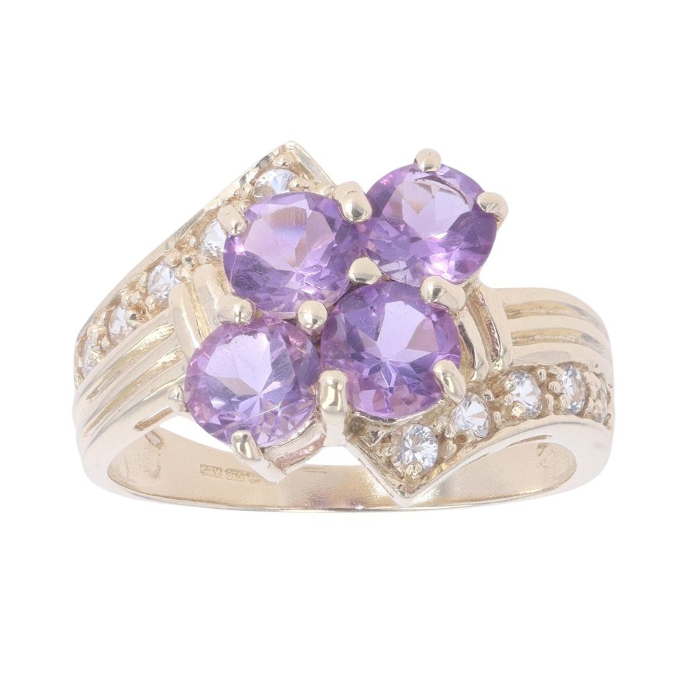 9ct Yellow Gold Cubic Zirconia And Amethyst Cluster Ring ...